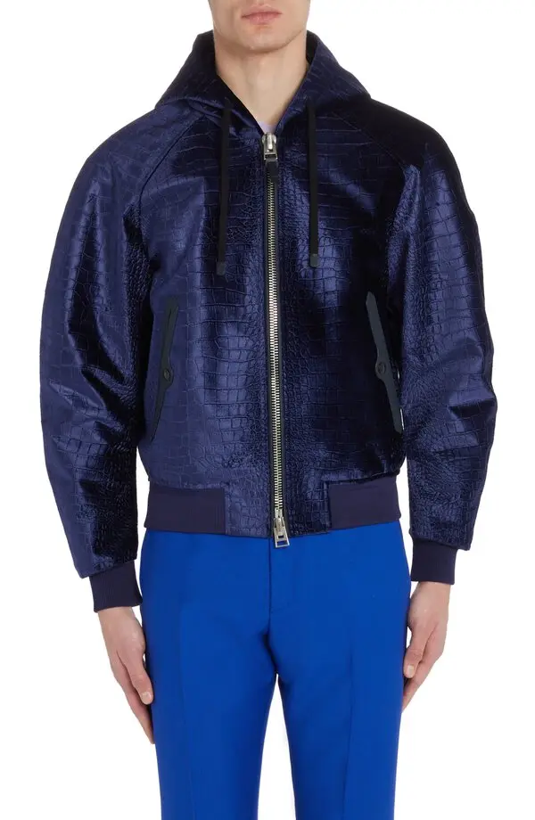 Tom Ford Croc Embossed Velvet Hooded Bomber Jacket In Midnight